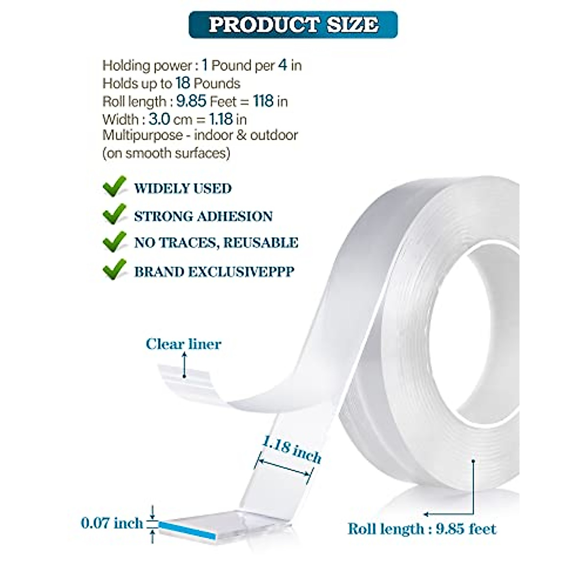 STUAKO® Double Sided Tape Heavy Duty, Removable Washable Reusable Gel Tape Strips for Kitchen, Living Room, Office,Car Decoration, Outdoor Use (9.85 FT x 1.18 in)