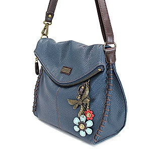 CHALA Charming Crossbody Bag - Flap Top and Metal Key Charm in Navy Blue, Cross-Body or Shoulder Purse - Dragonfly