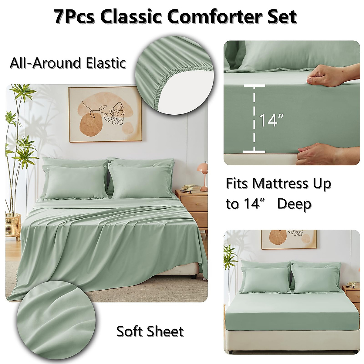 CozyLux Queen Comforter Set with Sheets 7 Pieces Bed in a Bag Sage Green All Season Bedding Sets with Comforter, Pillow Shams, Flat Sheet, Fitted Sheet and Pillowcases