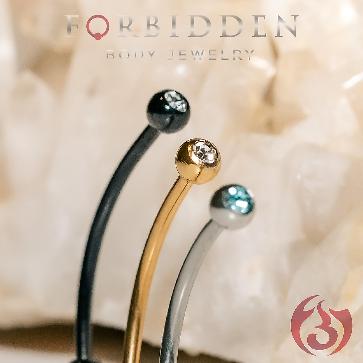 Forbidden Body Jewelry 16mm Surgical Steel Curved Barbell w/Gemmed Ends for Snake Eyes Tongue Piercing, Clear (Gold Tone)