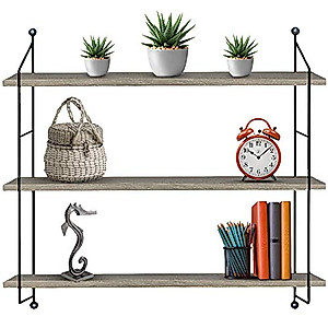 Sorbus® Floating Shelf with Metal Brackets — Wall Mounted Rustic Wood Wall Storage, Decorative Hanging Display for Trophy, Photo Frames, Collectibles, and Much More (3-Tier – Grey)