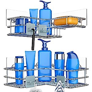 Nieifi 2 Pack Adhesive Corner Shower Caddy with Hooks with Built-In Soap Holder, Rustproof Shower Shelf Organizer Rack Basket for Inside Shower, Bathroom, Kitchen, Black