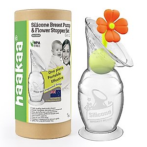 haakaa Manual Breast Pump Hand Pump Milk Pump Breast Milk Collector with Suction Base and Flower Stopper 100% Food Grade Silicone BPA Free (5oz/150ml) (Orange)