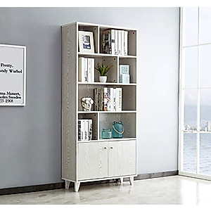 Mixcept Modern Bookcase with 2 Doors 68" Tall Storage Cabinet Wooden Bookshelf with 7 Compartments for Home Office, White Wash