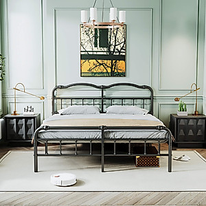 Breezehome Queen Size Bed Frame with Headboard, 18in High, Heavy Duty Metal Platform Bed Frame, Noise Free, Easy Assembly, No Box Spring Needed, Black