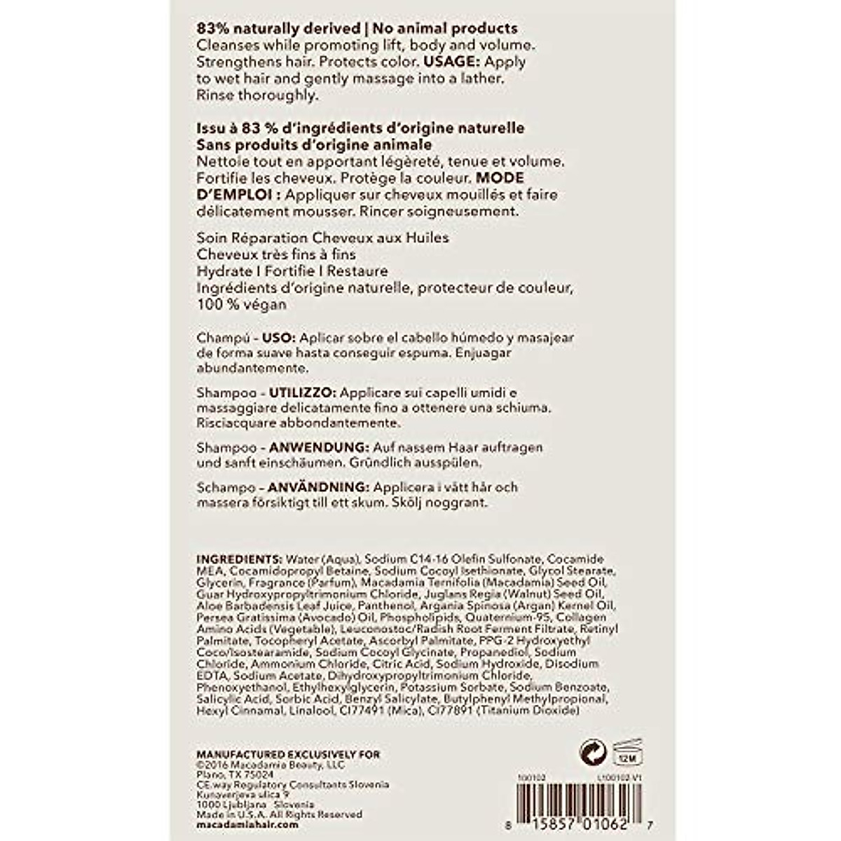 Macadamia Professional Hair Care Sulfate Paraben Free Natural Organic CrueltyFree Vegan Hair Products Weightless Hair Repair Shampoo , Green, Sheer Pecan, 33.8 Fl Oz