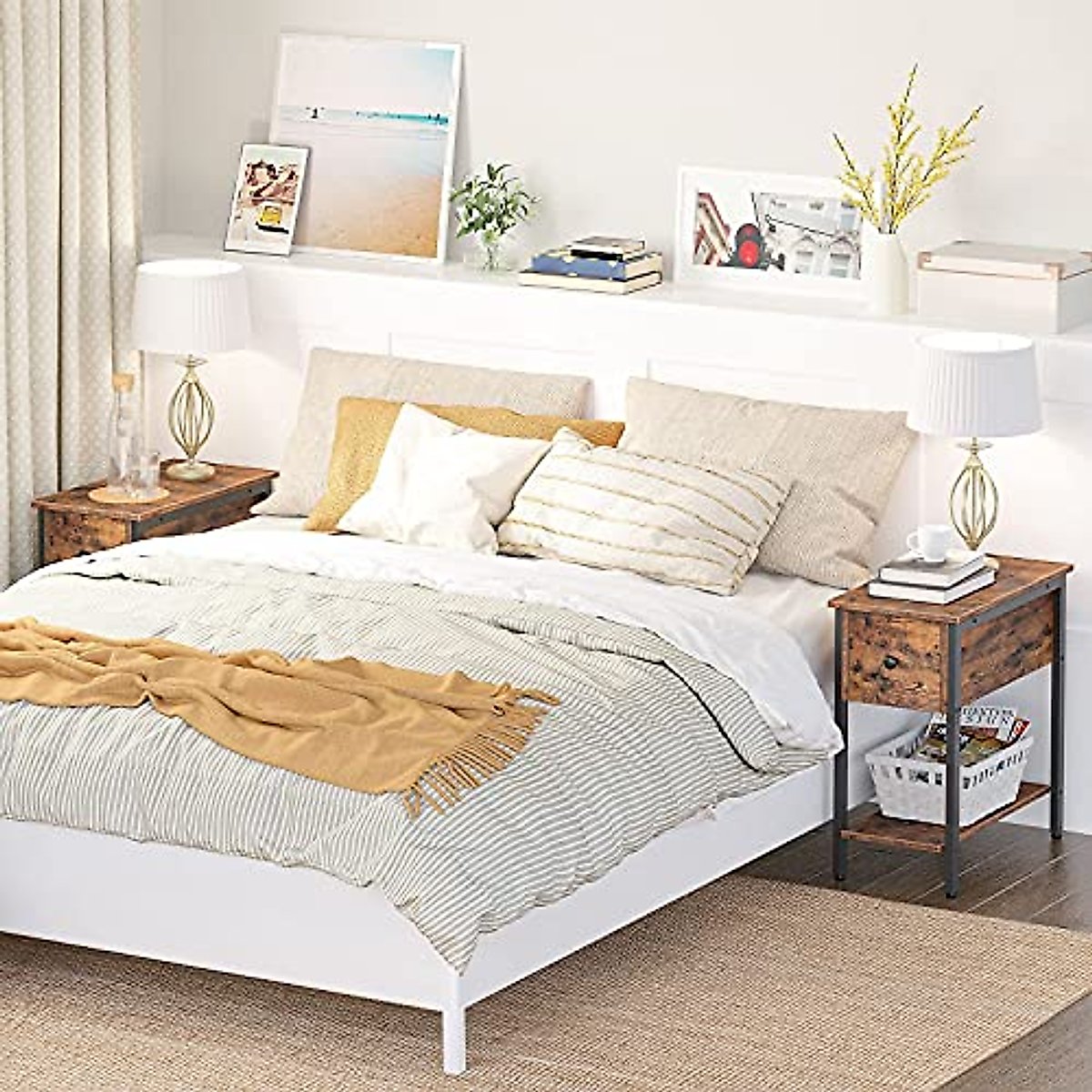 HOOBRO Side Table, 2-Tier Nightstand with Drawer, Narrow End Table for Small Spaces, Stable and Sturdy Construction, Wood Look Accent Furniture with Metal Frame, Rustic Brown and Black BF04BZ01