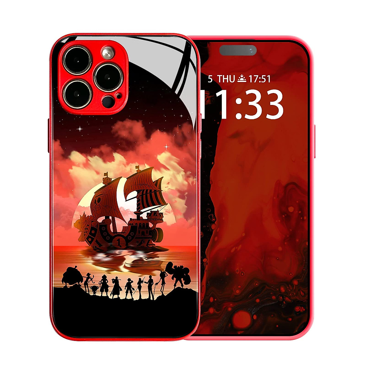 Japanese Anime Anti-Drop Color Soft Silicone Protective Shell Manga Pattern Tempered Glass Covers Multicolor Phone Case Red Mugiwara Pirates Straw Hats Crew Thousand Sunny for iPhone 14 Pro Max