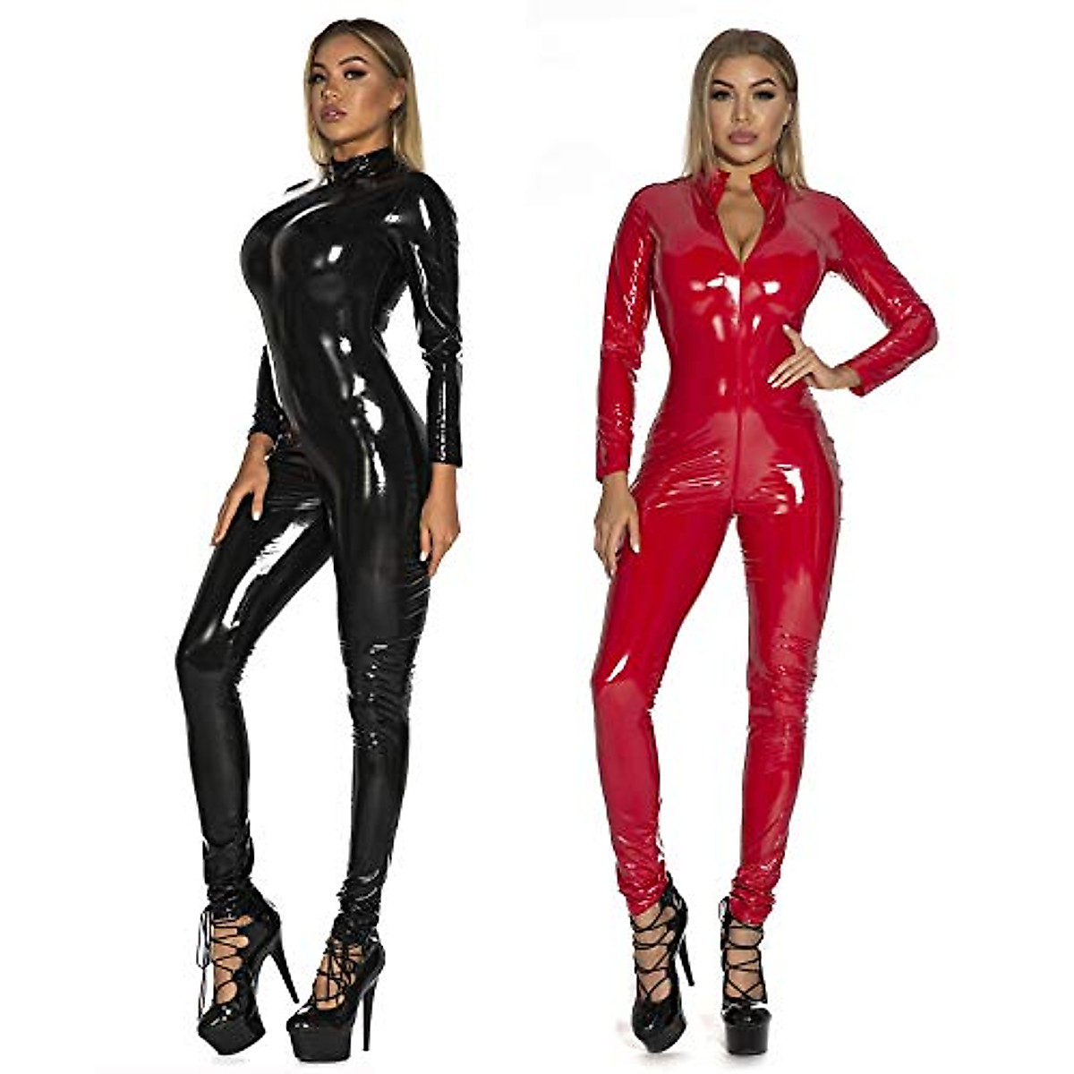 Women's Latex Catsuit One Piece Stretch Bodysuit Sexy PVC Shiny Jumpsuit Faux Leather Wet Look Clubwear for Party Club Black US Size-XXL