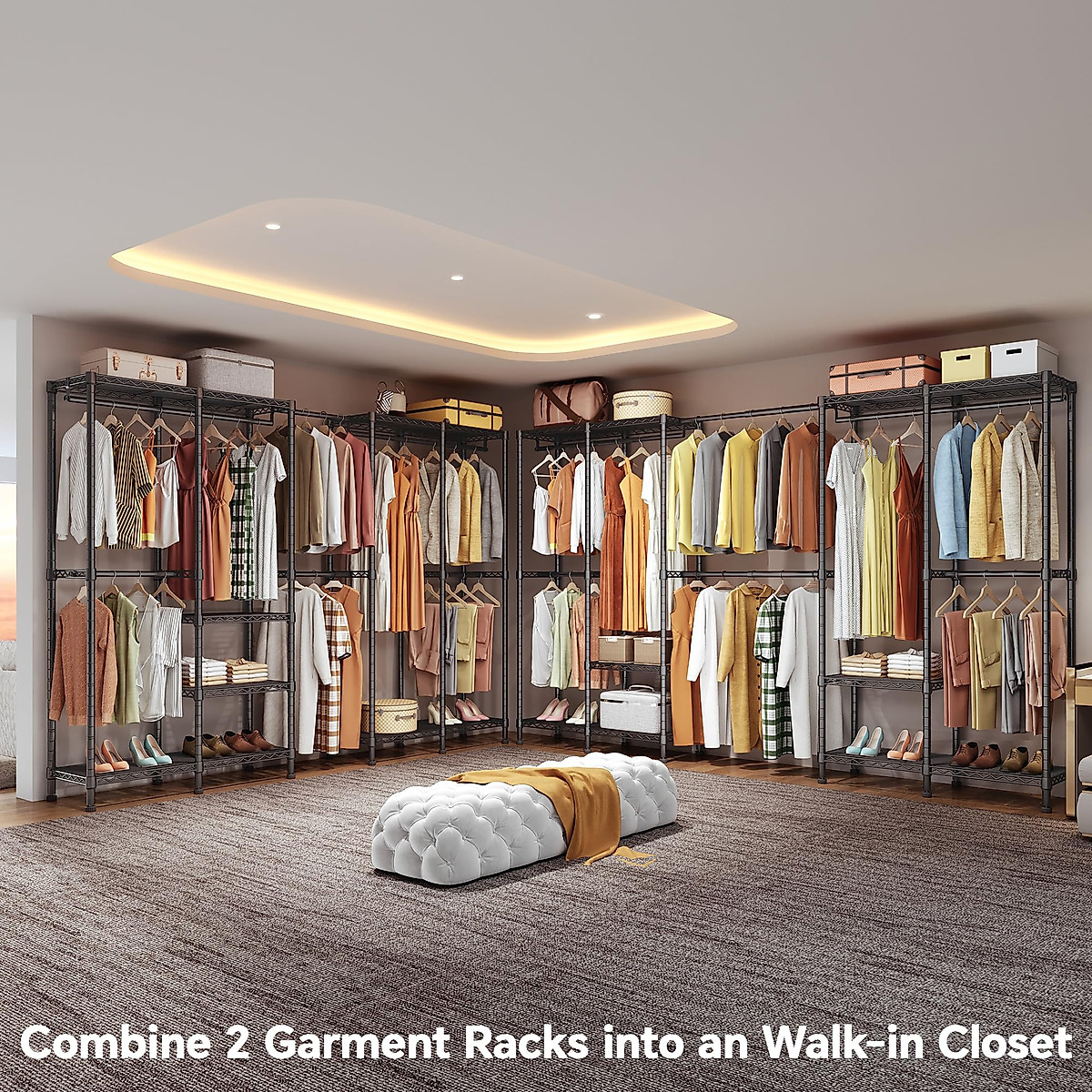 Higeego H5 Pro Heavy Duty Garment Rack, Freestanding Clothes Rack, Wardrobe Closet for Hanging Clothes, Portable Closet Organizer with Expandable Hanger Rods, (97.7-115.4")L x 15.7"W x 75.4"H, Black