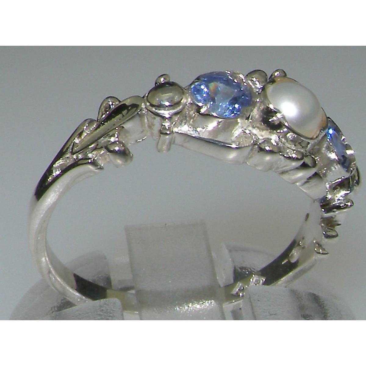 925 Sterling Silver Cultured Pearl and Tanzanite Womens Promise Ring - Size 6.5