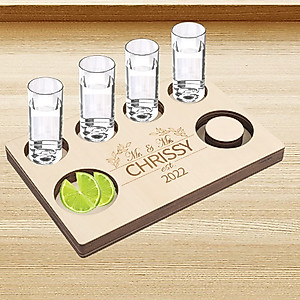 ROXIQ Tequila Trays Handmade Mr & Mrs Tequila Flight Board Serving Tray Personalized Shot Glass Holder Display w/ Salt Rim Wooden Bar Tray Liquor Birthday Party Housewarming MenGifts, 31x18x1.5cm