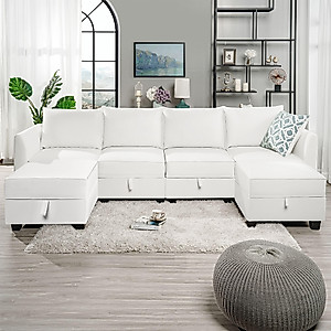 Naomi Home Modular Convertible U-Shaped Sectional Sofa with Reversible Chaise, Oversized Couch, Elizabeth Sectional Sofa with Ottoman - Linen Upholstery, White