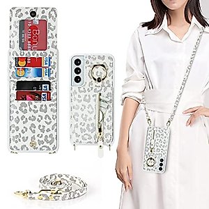 Jaorty for Samsung Galaxy S21 5G Phone Case for Women with Card Holder,Galaxy S21 Case Wallet Crossbody Lanyard with Strap,Credit Card Slots Kickstand Case with Ring Holder,6.2 Inch,White Leopard