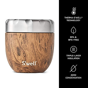 S'well Stainless Steel Bowls-16 Fl Oz-Teakwood-Triple-Layered Vacuum Insulated Containers Keeps Food and Drinks Cold for 12 Hours and Hot for 7-with No Condensation-BPA Free, 16 oz