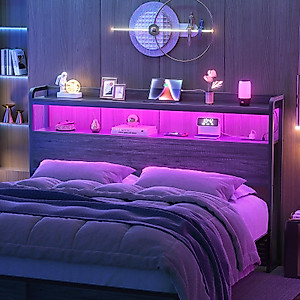 Aheaplus Headboard for Full Size Bed Frame, Headboards with Outlets, USB Ports and LED Light, Head Board with Storage, Height Adjustable, Sturdy and Stable Headboard, Full Size, Black Oak