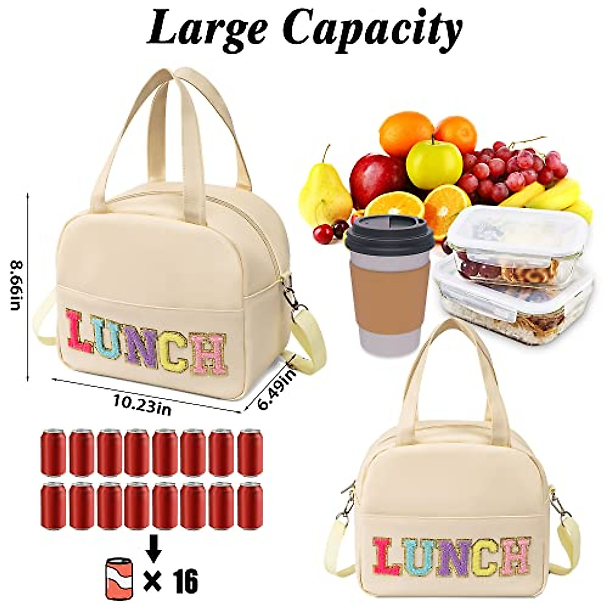 LUCKIPLUS Lunch Bag for Women Personalized Insulated Lunch Box for Adults with Adjustable Shoulder Strap Reusable Freezable Lunchbox Cooler Tote for Office Work Picnic Beach (Beige)