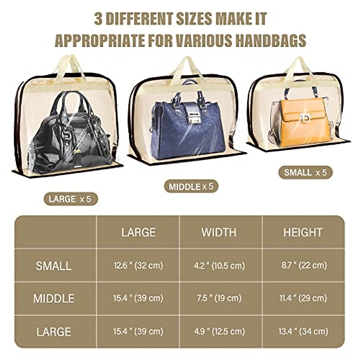 15 Pcs Clear Dust Bags for Handbags Purse Storage Organizer 3 Sizes Clear Handbag Organizer Purse Dust Cover Closet Hanging Bag with Zipper and Handle for Closet Handbags Purses