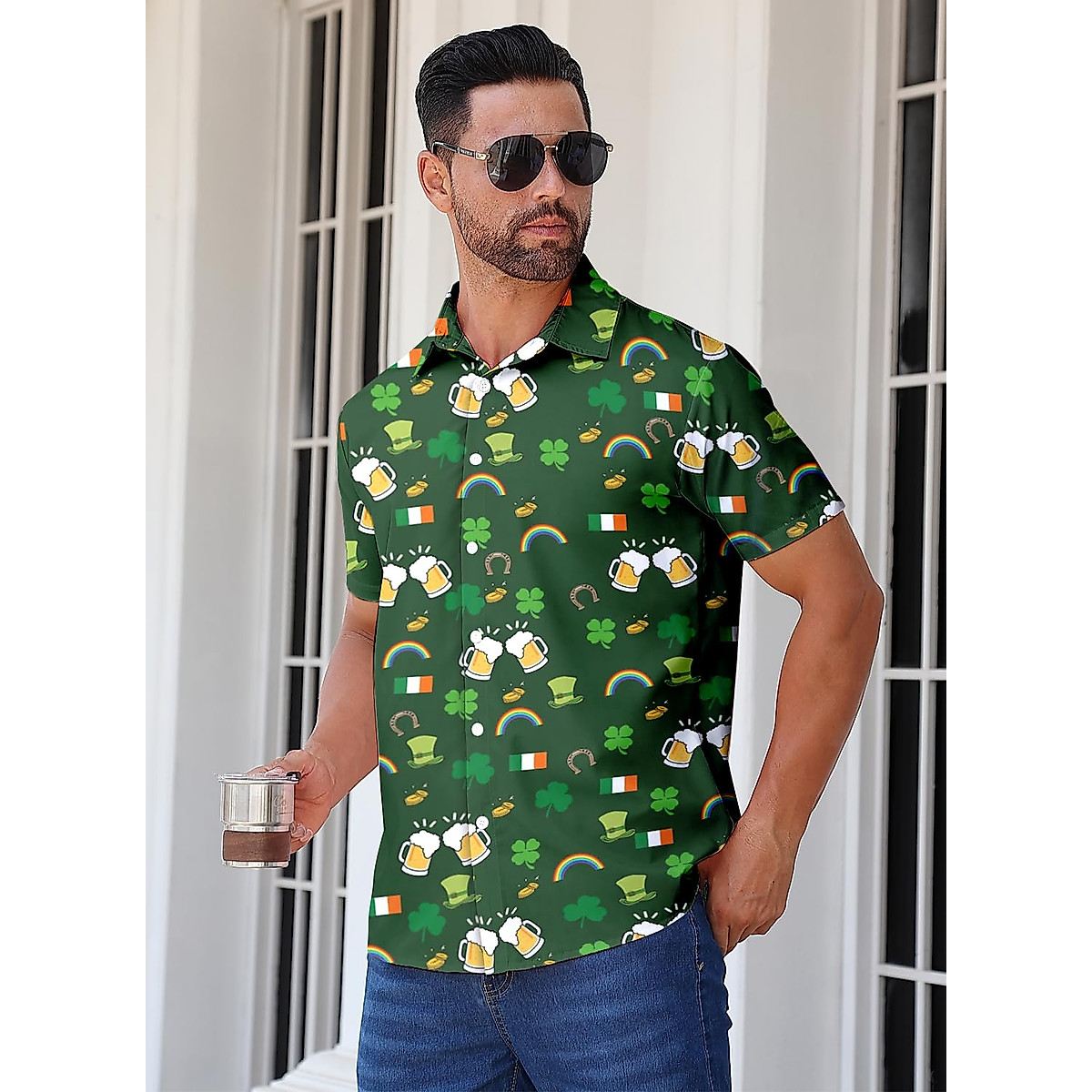 uideazone Hawaiian Shirt for St.Patrick's Day Men Button Down Green Shirt Short Sleeve Tropcial Shirts