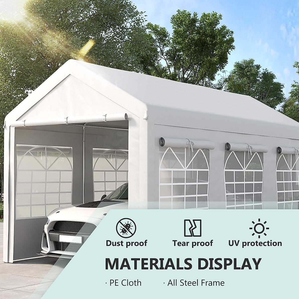 Outsunny 10' x 20' Party Tent and Carport, Height Adjustable Portable Garage, Outdoor Canopy Tent 8 Legs with Sidewalls for Car, Truck, Boat, Motorcycle, Bike, Garden Tools, White
