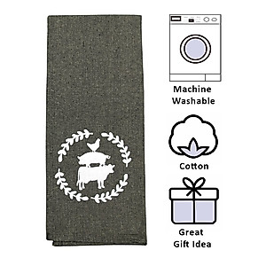 fillURbasket Farmhouse Kitchen Towels Set Farm Towels Pig Rooster Chicken Cow Towels Tan Black Dish Towels Set of 5 Cotton 16"x28"