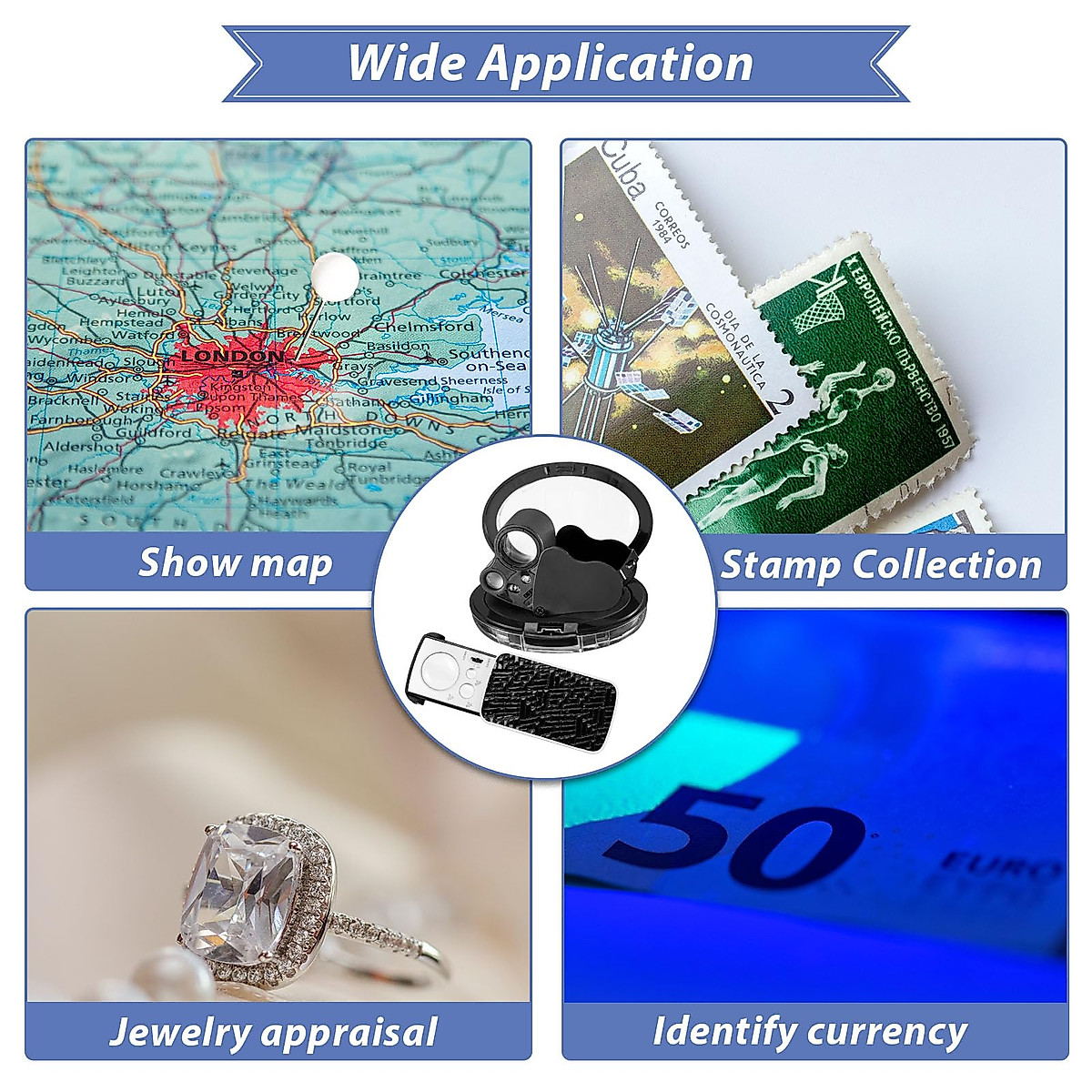 2 Pieces Jewelers Loupe 30X 60X 90X Illuminated Jewelers Eye Loupe Magnifier Jewelry Magnifying Glass Loop with UV Black Light and Bright LED Light for Jewelry Diamond Gem Coin Stamp Rock (Black)