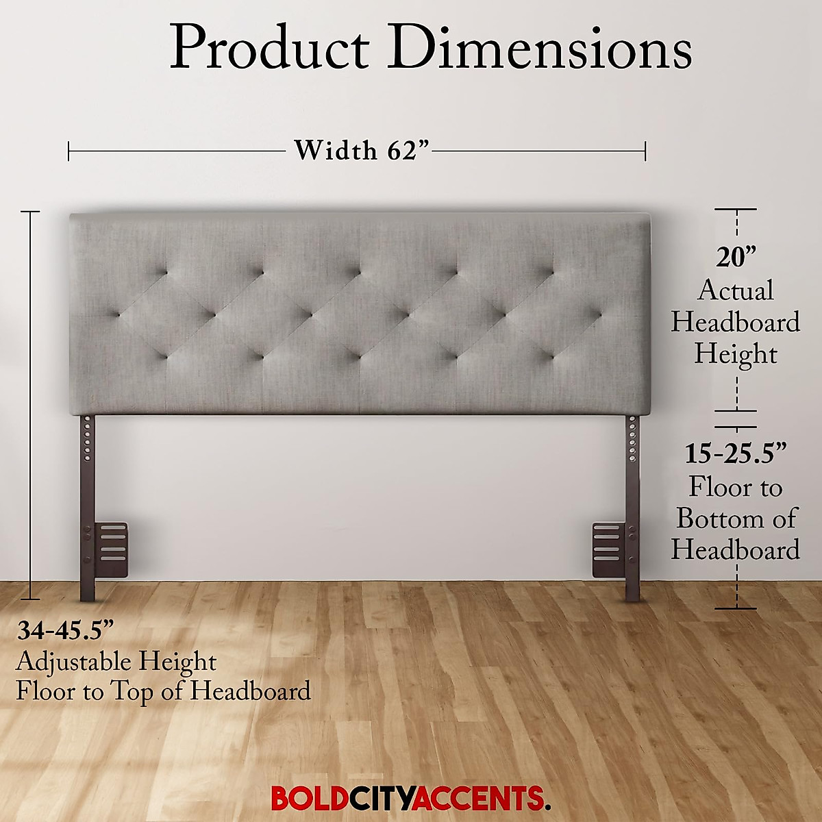 Bold City Accents Bed Headboard - Mid-Rise Diamond Tufted Upholstered Headboard Queen Size Full Size - Adjustable Height Full Headboard - Bed Frame or Wall Mount