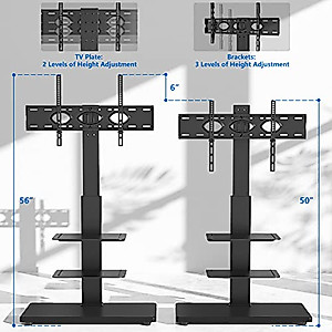 Rfiver Swivel Floor TV Stand with Mount, Wood Base and 2 Flexible Media Shelves for 40 43 49 50 55 60 65 70 75 77 Inch Flat Screens/Curved TVs, Height Adjustable Corner TV Stand for Bedroom and Office