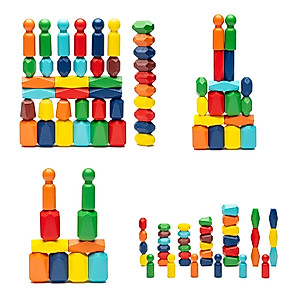 Niino 16 Pcs Wooden Blocks-Wooden Stone Balancing Blocks- Wooden Stacking Toys-Wooden Stones Building Blocks-Stacking Rocks-Colorful Natural Rainbow Stacking Sensory Toy… (20, Multicolor)