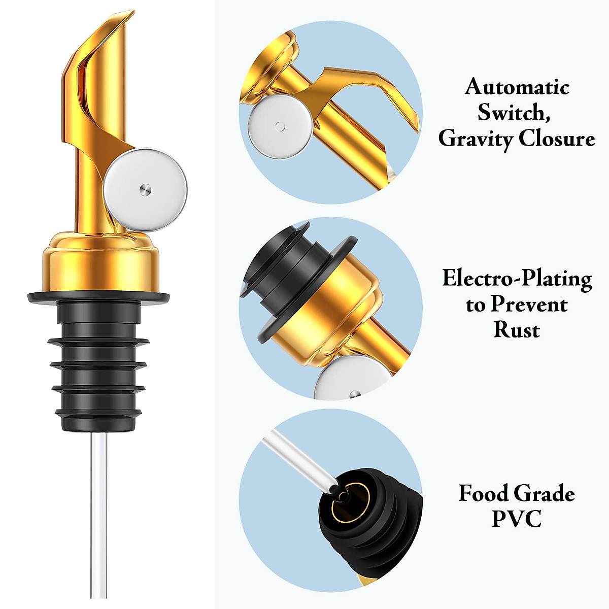 GIXSEGIE 2 Pack Weighted Stainless Steel Pourers, Auto Flip Oil Dispenser Spouts, Balsamic Vinegar Pour Spouts, Olive Oil Spouts, Liquor Bottle Pourers - Gold