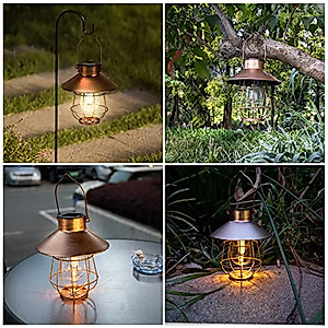 Solar Light Outdoor, 2 Pack Retro Metal Wireless Hanging Solar Lanterns with Warm White Edison Bulb Waterproof for Gazebo Garden Yard Farmhouse Decor (Bronze)