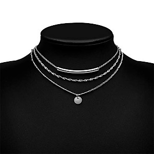 Aisansty Layered Coin Tube Pendant Choker Necklace for Women Girls Dainty Bar Silver Plated Layering Chain Neckalces Set
