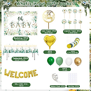 Sage Green Baby Shower Decorations, Neutral Baby Shower Party Decorations for Boy Girl with Oh Baby Backdrop, Tablecloth, Cake Topper, Balloon Garland, Dots Banner for Woodland Safari Gender Decor