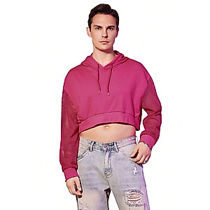 WDIRARA Men's Drawstring Mesh Long Sleeve Hoodie Sweatshirt Pullover Crop Top Hot Pink S