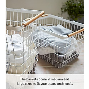 YAMAZAKI Wire Home Wooden Handles | Steel + Wood | Large | Laundry Basket, White