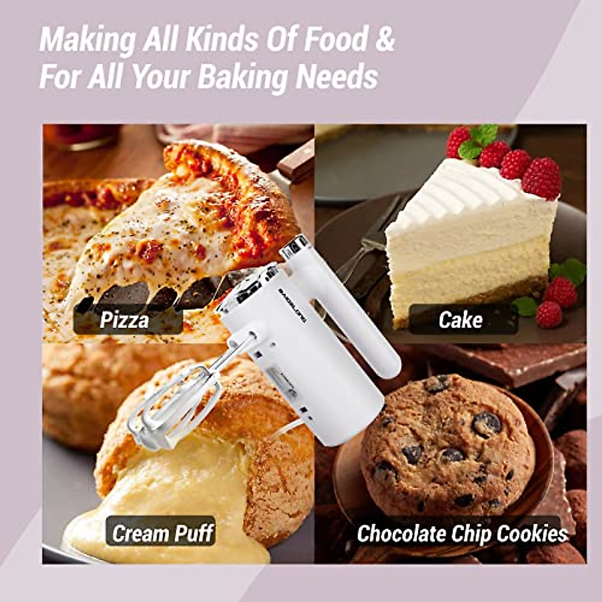 BAIGELONG Hand Mixer Electric, 500W Ultra Power Handheld Mixer with Continuously Variable Speed Control, 5 Stainless Steel Accessories Kitchen Mixer for Baking, Dishwasher Safe, White Silver