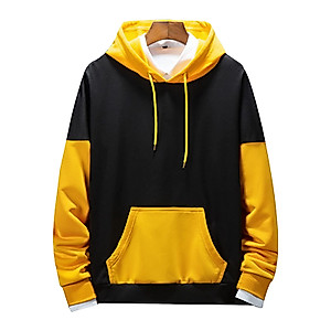 Maiyifu-GJ Men Patchwork Loose Fit Hoodie Pullover Color Block Hip Hop Hooded Sweatshirt Casual Long Sleeve Hoodies Outwear (Yellow,Medium)