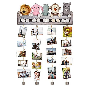 Satauko Floating Shelves Storage for Photo Hanging Display, Wooden Picture Frames Collage with 24 Clips, Wall Mounted Shelf Décor for Pictures Organizer. (Grey)