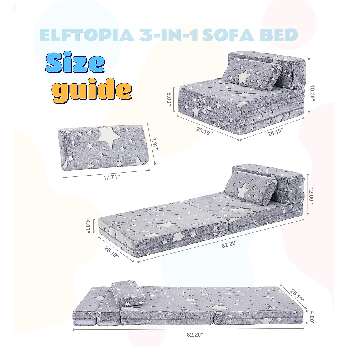 Elftopia 3-in-1 Folding Sofa Bed for Kids,Tri Folding Floor Toddler’s Mattress Fold up Sofa Bed,Child Foldable Futon Mattress,Folding Couch for Kids,Glow in Dark-Stars