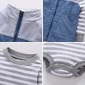 Baby Boy Winter Clothes Infant Fall Outfit Long Sleeve Stripes Romper Jumpsuit +Coat+ Long Pants Set Ceremony Celebration Birthday Party Denim Blue 12-18 Months