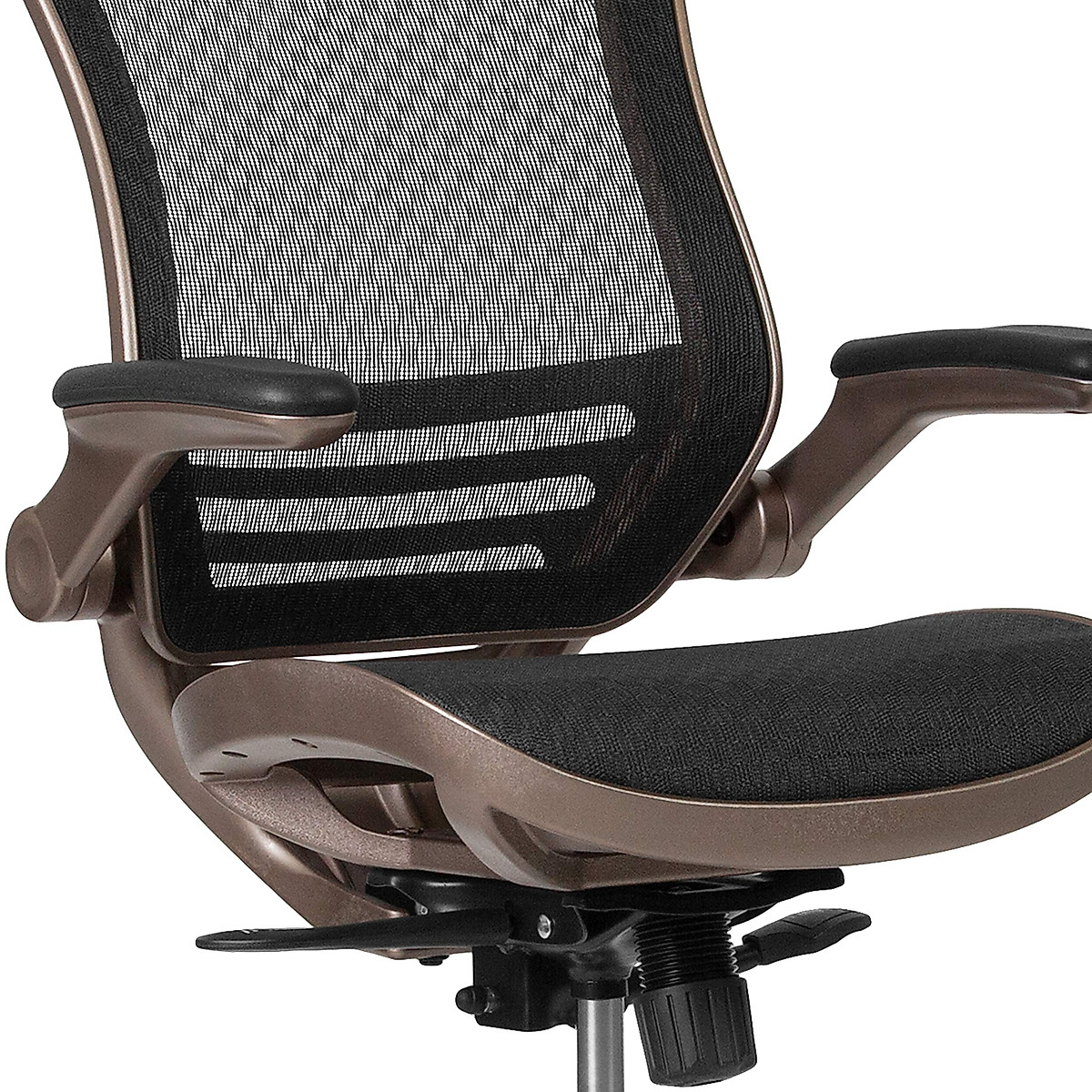 Flash Furniture Mid-Back Transparent Black Mesh Drafting Chair with Melrose Gold Frame and Flip-Up Arms