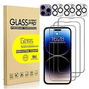 [3+3 Pack] Totexil Screen Protectors for iPhone 14 Pro 6.1 inch with Camera Lens Protectors, Ultra HD Screen Tempered Glass, Full Coverage, Scratch Resistant, 9H Hardness,Easy Install,Bubble Free