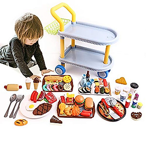 Kids Food cart Toy Sets,Kids Role Play Large Dining car Toys and 98pcs Food, Kitchen, Tableware Accessories., Educational Toys for 3+ Years Boys/Gir