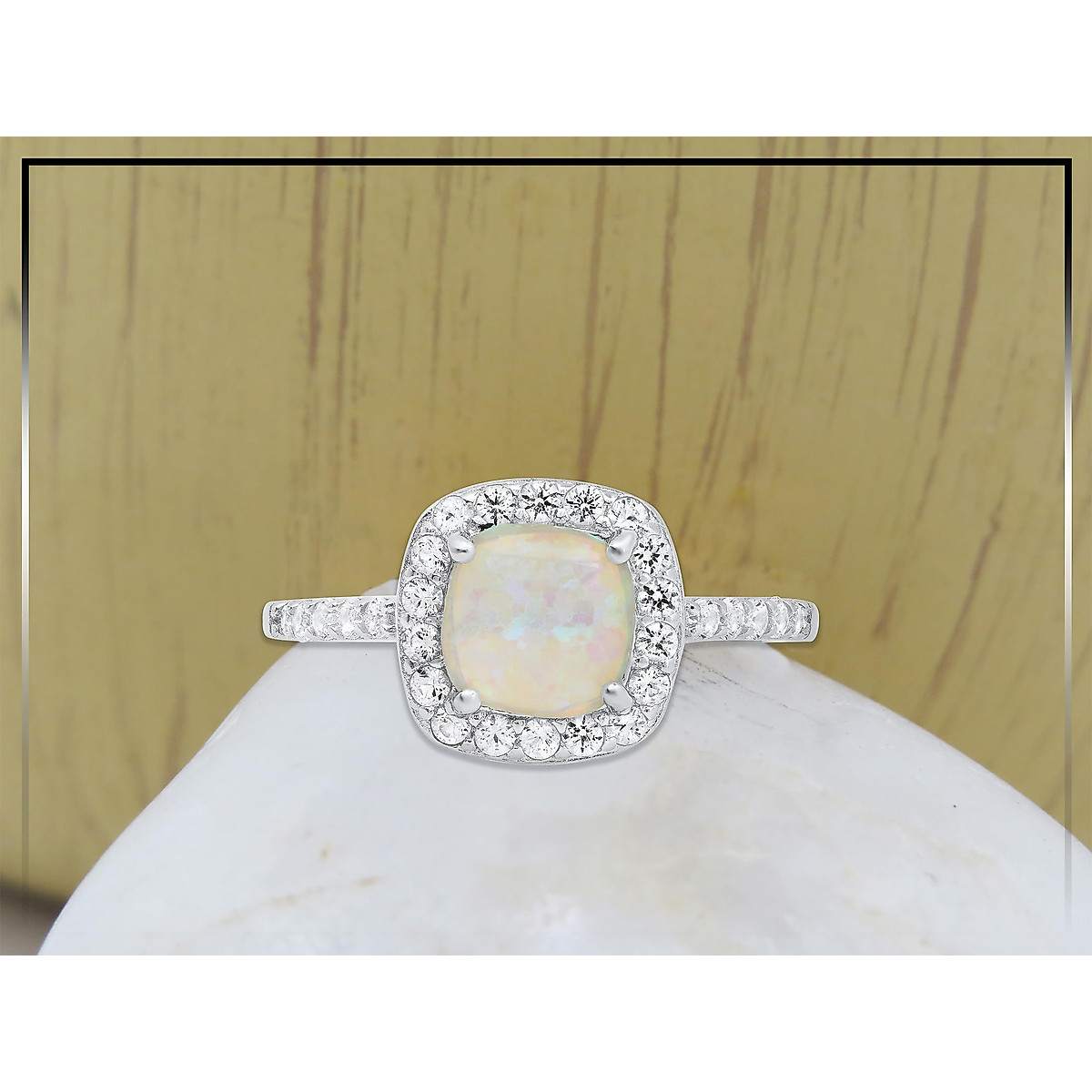 Dazzlingrock Collection 7 mm Cushion Lab Created Opal & Round White Sapphire Women Halo Style Vintage Traditional Engagement Ring | 925 Sterling Silver, Size 8