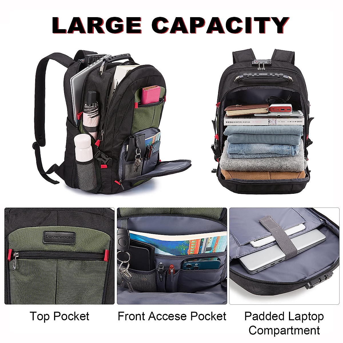 LOVEVOOK Travel Backpack for Men 17inch Large Work Backpack for Men Large Capacity Lockable Mochilas para Hombres Waterproof Computer Backpack for Work Business Travel (17 inch，Green)