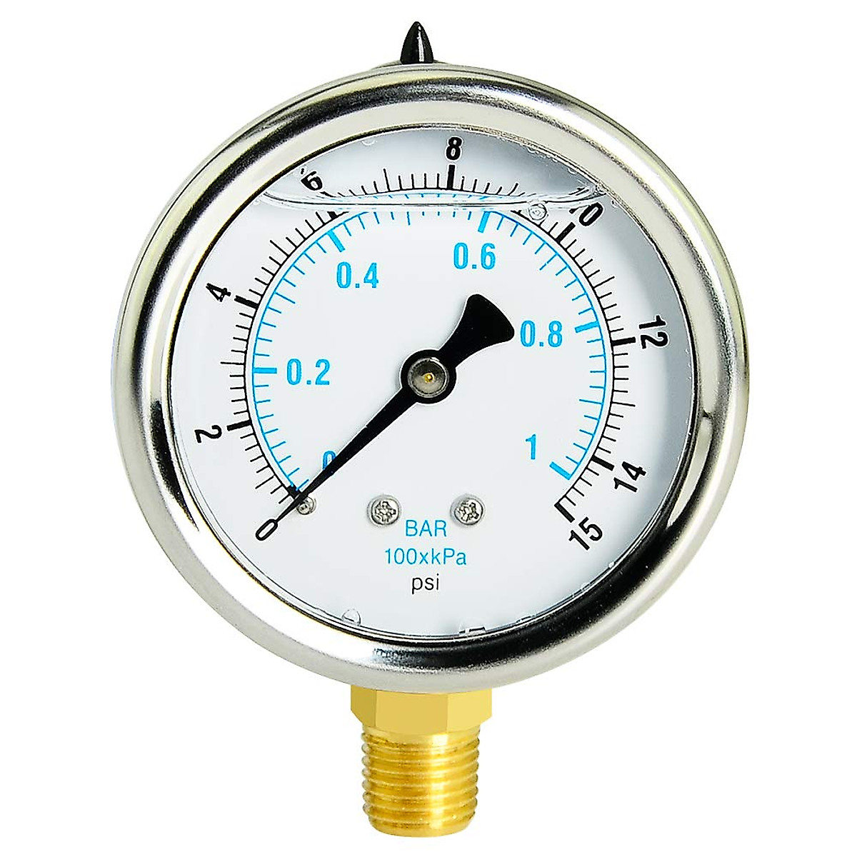 Taisher Liquid Filled Pressure Gauge, 0-15psi/kpa, 304 Stainless Steel Case, 1/4"NPT Lower Mount