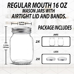 Glass Regular Mouth Mason Jars, 16 oz Clear Glass Jars with Silver Metal Lids for Sealing, Canning Jars for Food Storage, Overnight Oats, Dry Food, Snacks, Candies, DIY Projects (2 PACK)