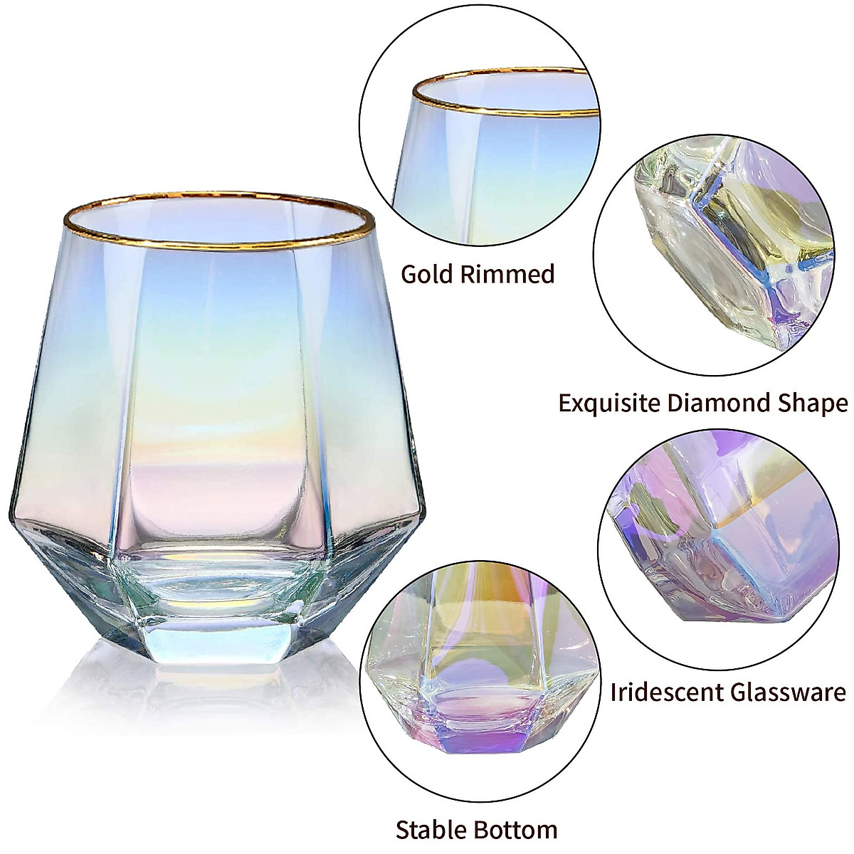 XKXKKE Diamond Wine Glass Set of 2, 10 OZ Modern Stemless Gold Rim Glass Cups Drinking Glassware for Serving Party,Home,Bar, Restaurants Colorful 2 Pack