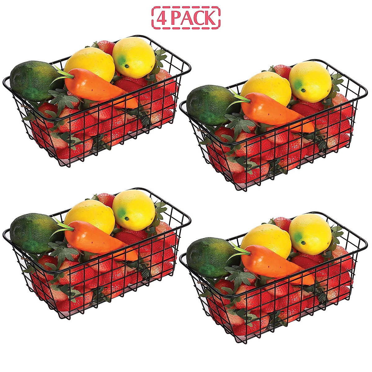 XINFULL 4 Pack Wire Storage Baskets Household Metal Wall-Mounted Containers Organizer Bins for Kitchen Bathroom Freezer Pantry Closet Laundry Room Cabinets Garage Shelf, Medium