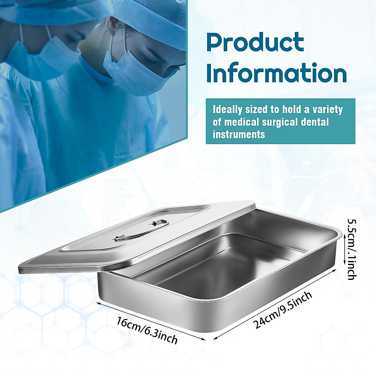 Fabbay 2 Medical Surgical Trays 201 Stainless Steel Dental Instruments Tray Organizer Holder Sterilized Metal Box with Lid and Handle Grip for Medical Surgical Dental Instruments (9 Inch)